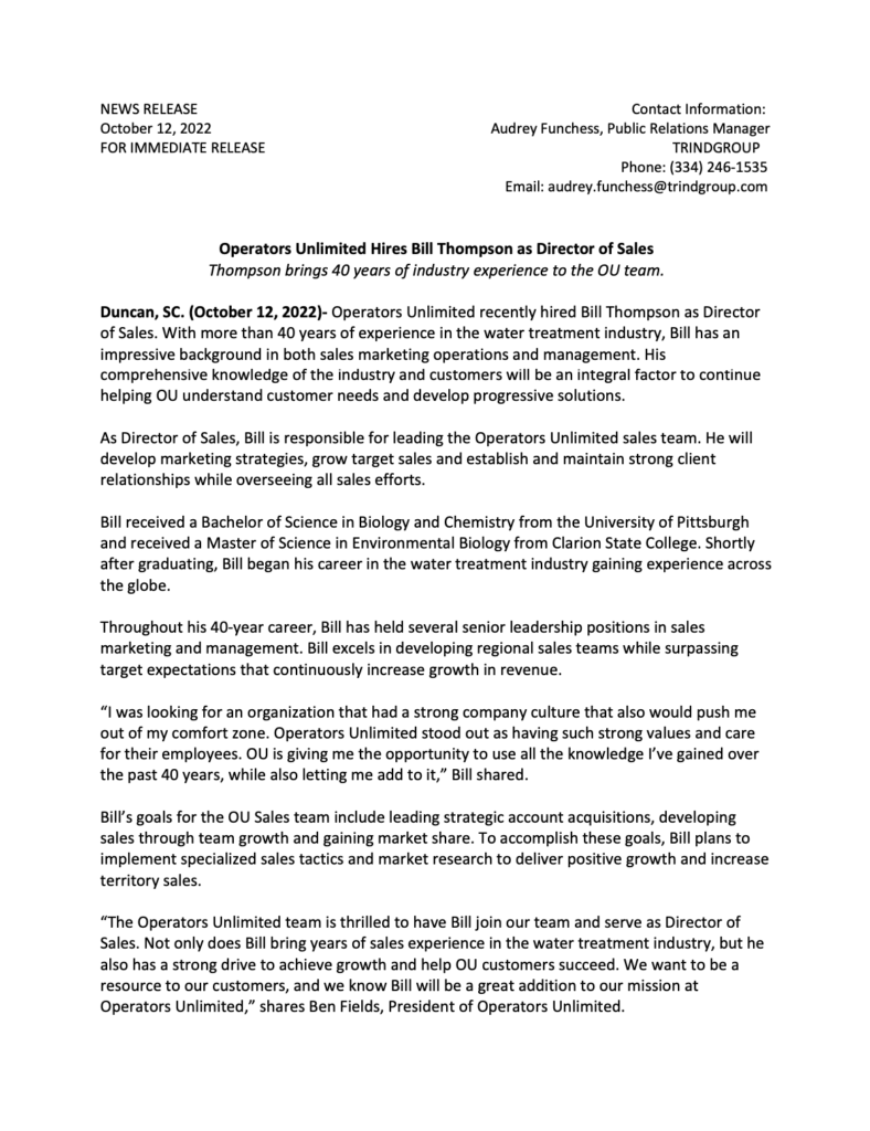 Operators Unlimited Hires Bill Thompson as Director of Sales